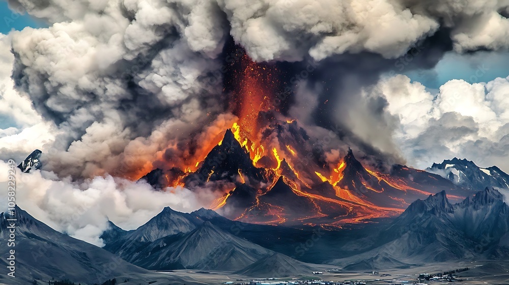 An apocalyptic scene of a volcano eruption in a desolate mountain range ...