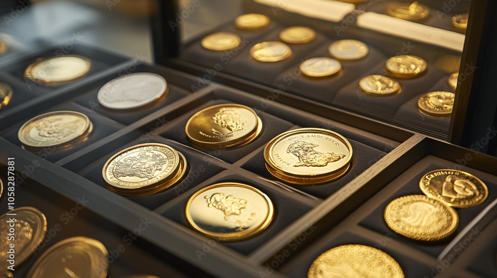 A collection of shiny gold and silver coins displayed in a black case ...