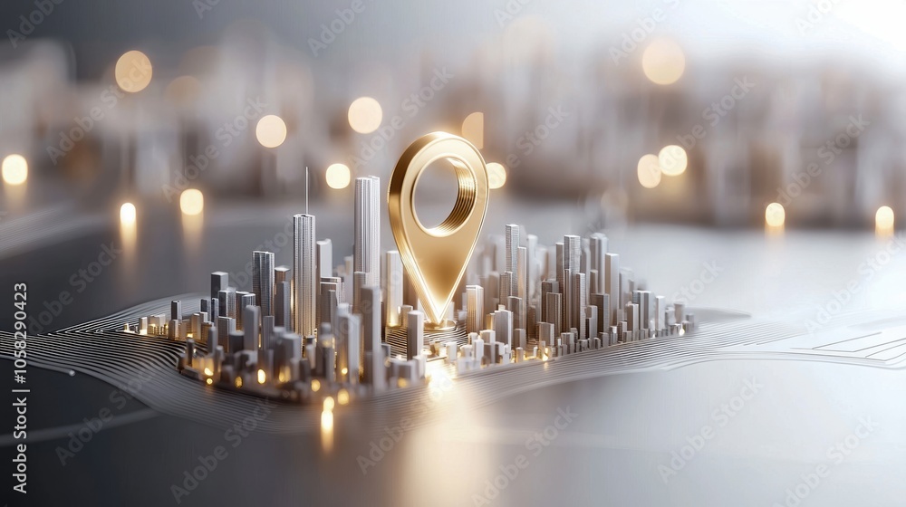 3D city model with a golden location pin, showcasing urban planning and ...