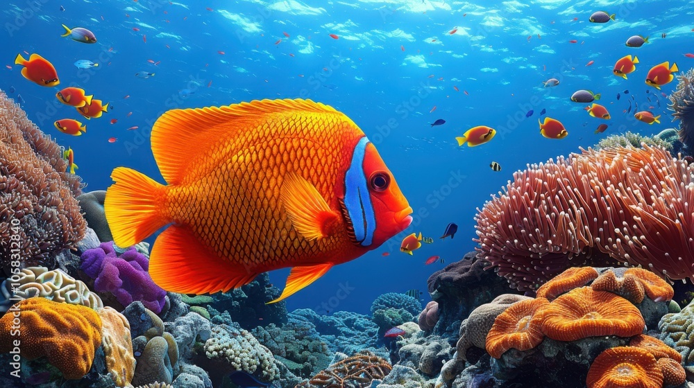 A vibrant Garibaldi fish (Hypsypops rubicundus) with bright orange ...