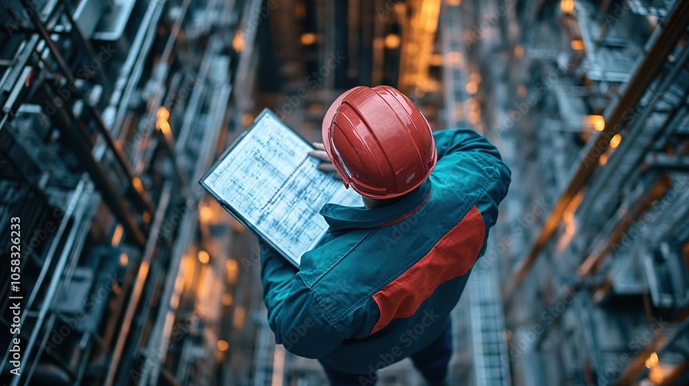 Electrical engineer analyzing complex wiring systems for a skyscraper ...