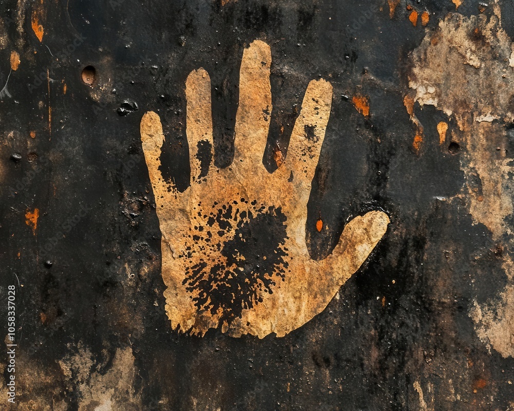 Handprint in ink with sharp, clear fingerprints visible, abstract ...