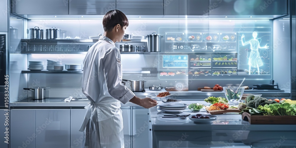 A chef in a sleek, spotless kitchen experiments with new recipes ...