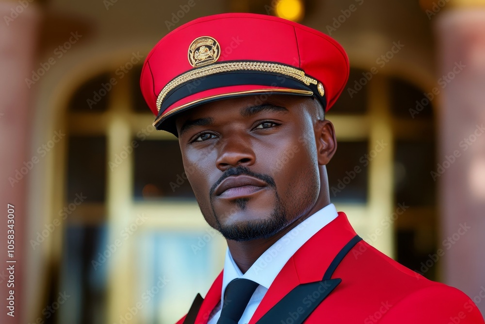 Retro-inspired bellhop uniform with bold colors and traditional design ...