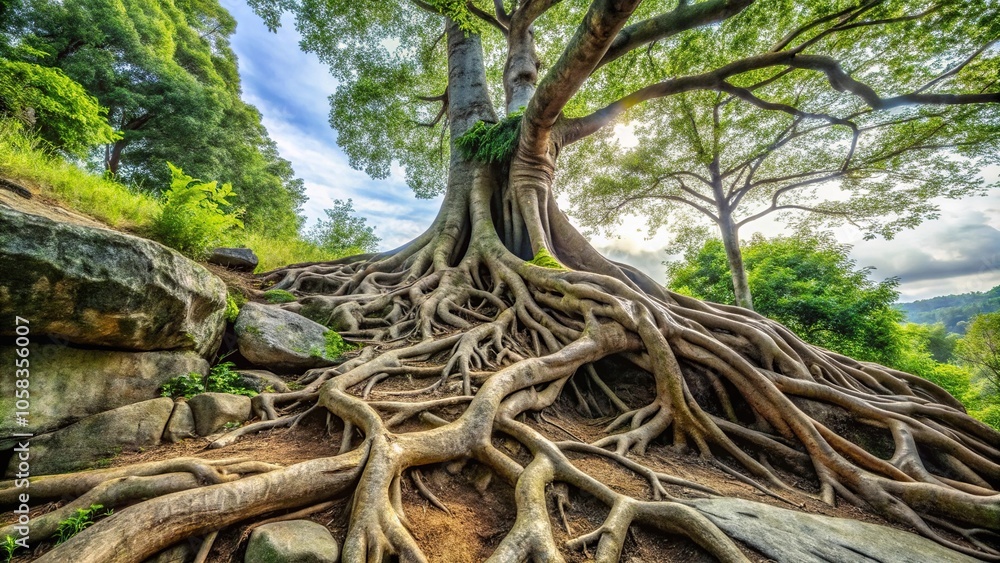 Exposed root system of an ancient tree in a rocky outcropping ...
