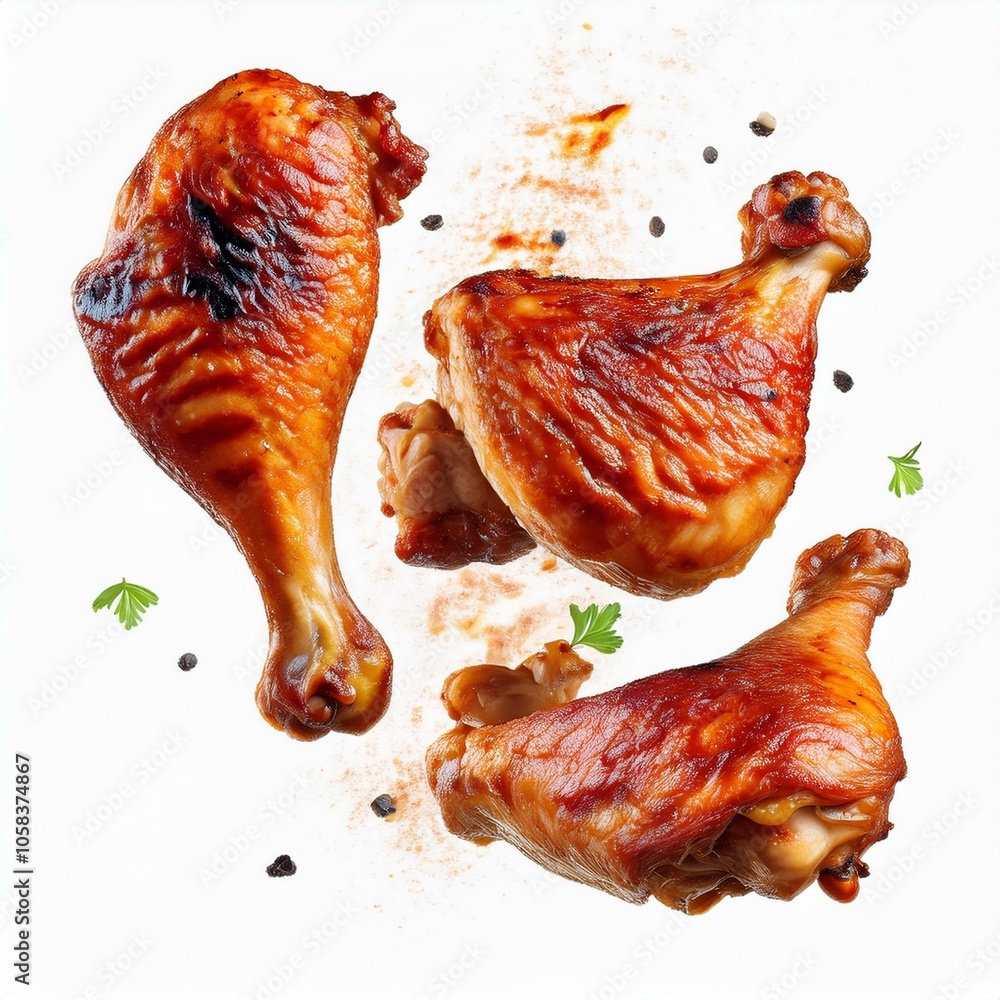 Juicy grilled chicken legs with crispy skin and char marks, falling mid ...