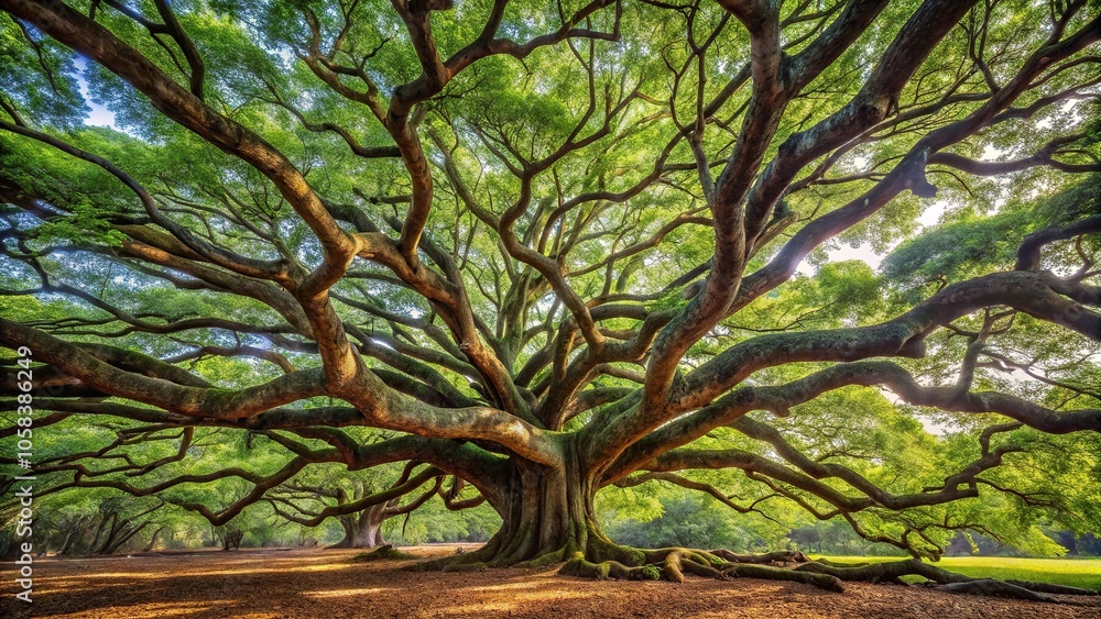 A sprawling tree with a massive canopy overhead, its branches ...
