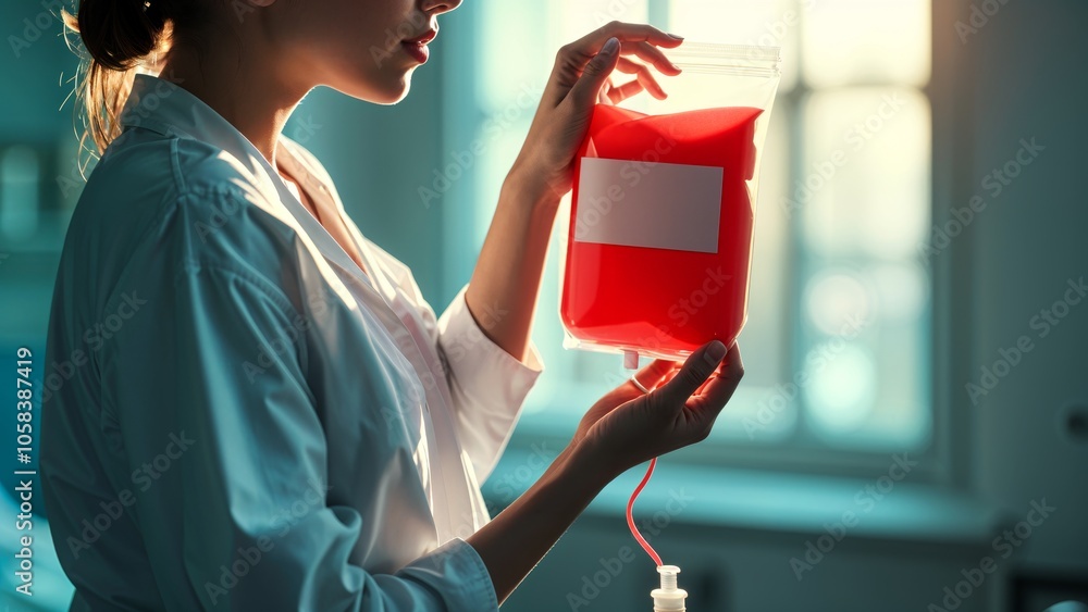 Medical professional handling blood transfusion bag in hospital setting ...