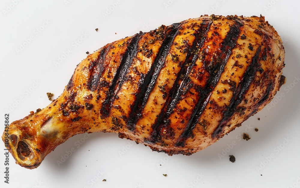 High-resolution top view photo of a grilled chicken leg with crispy ...