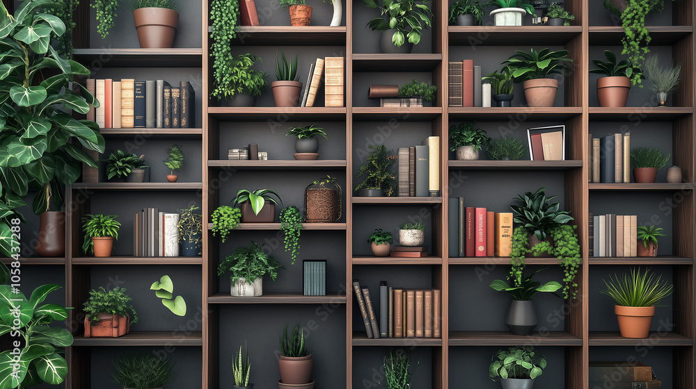 a contemporary style bookshelf adorned with plants that serves as a ...