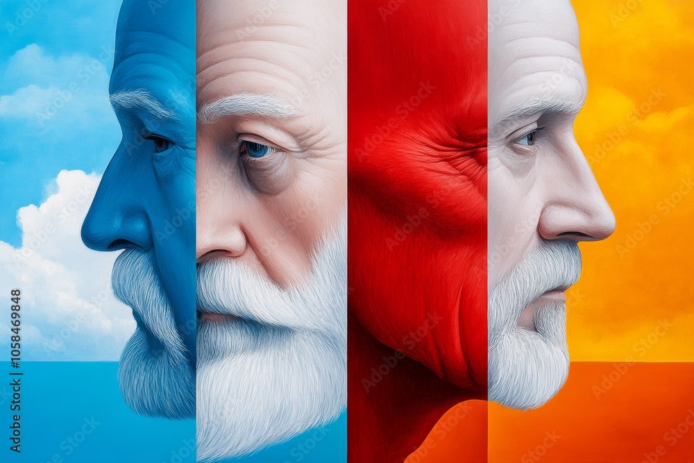 Foto de Stock Man's face is shown in four different colors, with the ...