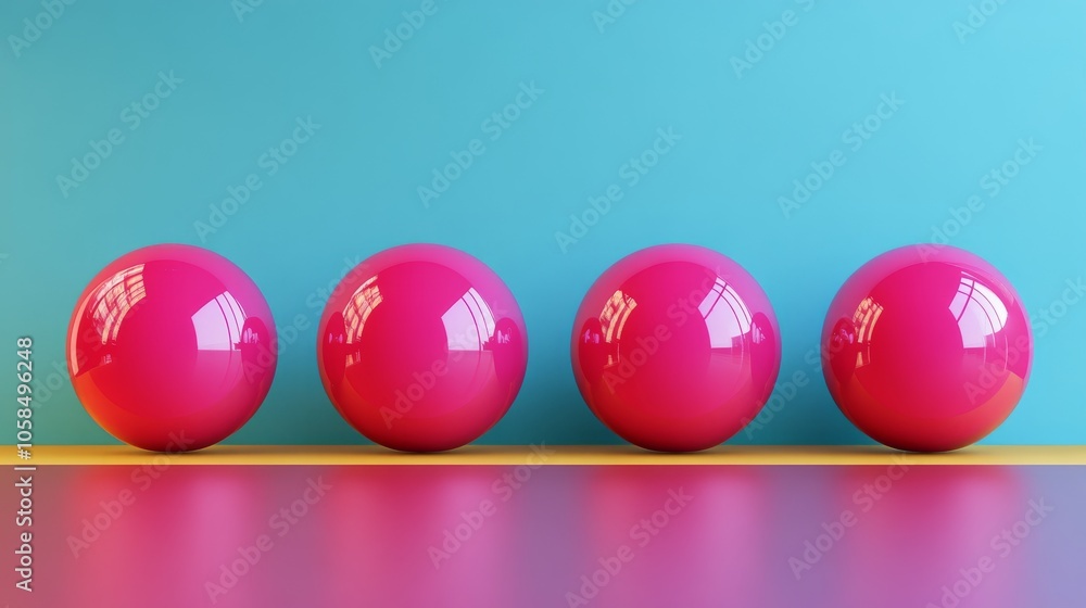 four shiny raspberry-colored balls aligned vertically on golden surface ...