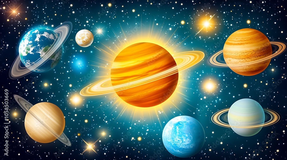 Solar System Planets and Stars Illustration Plain Textured Background ...
