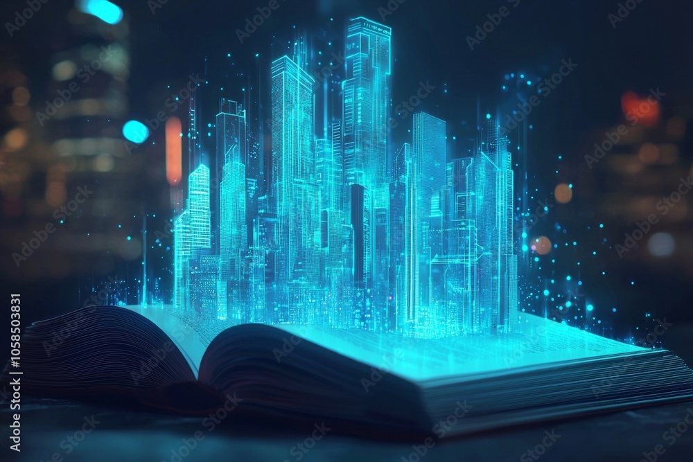 An open book with glowing digital skyscrapers emerging from its pages ...