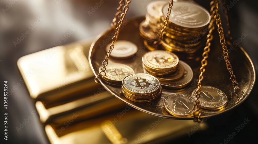 31.A balanced gold scale, with gold coins on one side and a gold bar on ...