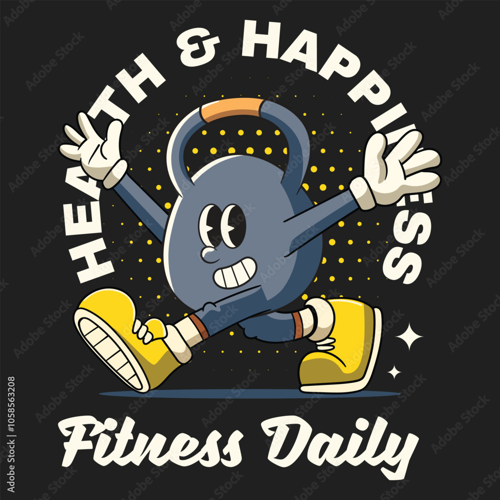 Gym Kettlebell fitness Retro Cartoon Mascot Character Groovy Vintage ...