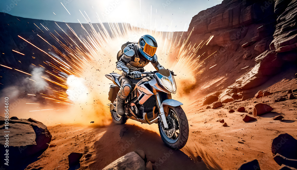 Astronaut in armored, robotic spacesuit in action on a motorcycle on ...
