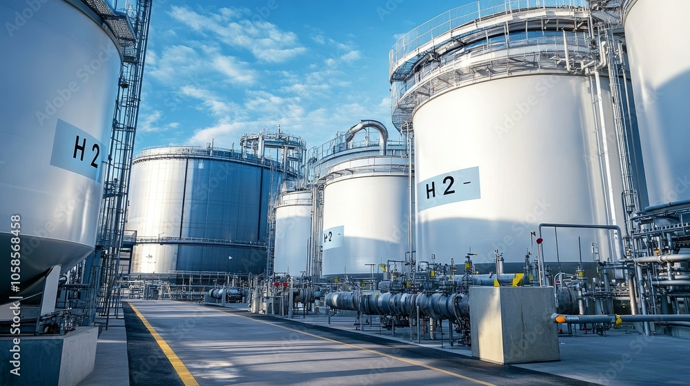 Hydrogen energy storage concept large tanks with h2 and hydrogen labels ...