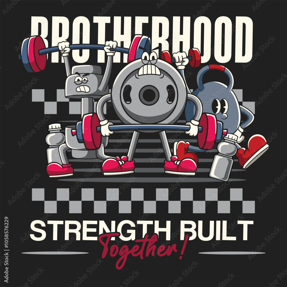 Gym Kettlebell Dumbbell Barbell fitness Retro Cartoon Mascot Character ...