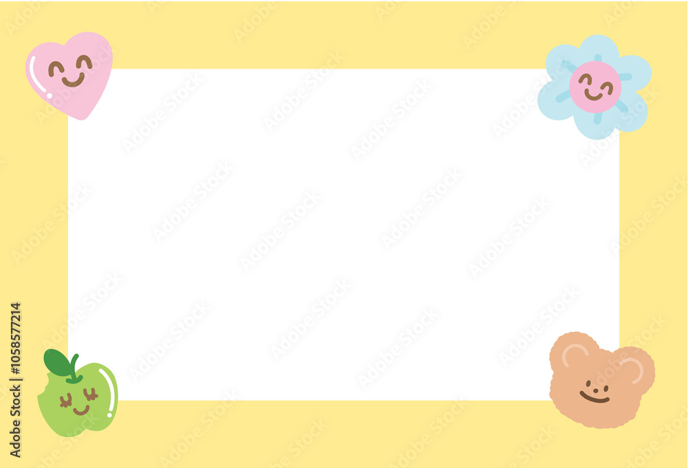 Cute pastel yellow frame with teddy bear, flower, heart, apple for ...