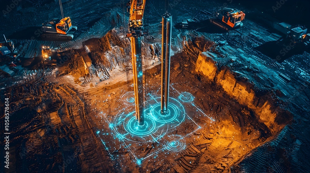Futuristic visualization of a high tech piling for the construction of ...