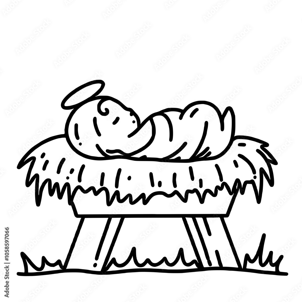 Baby Jesus on a manger Nativity Scene Hand drawn Christmas Winter ...