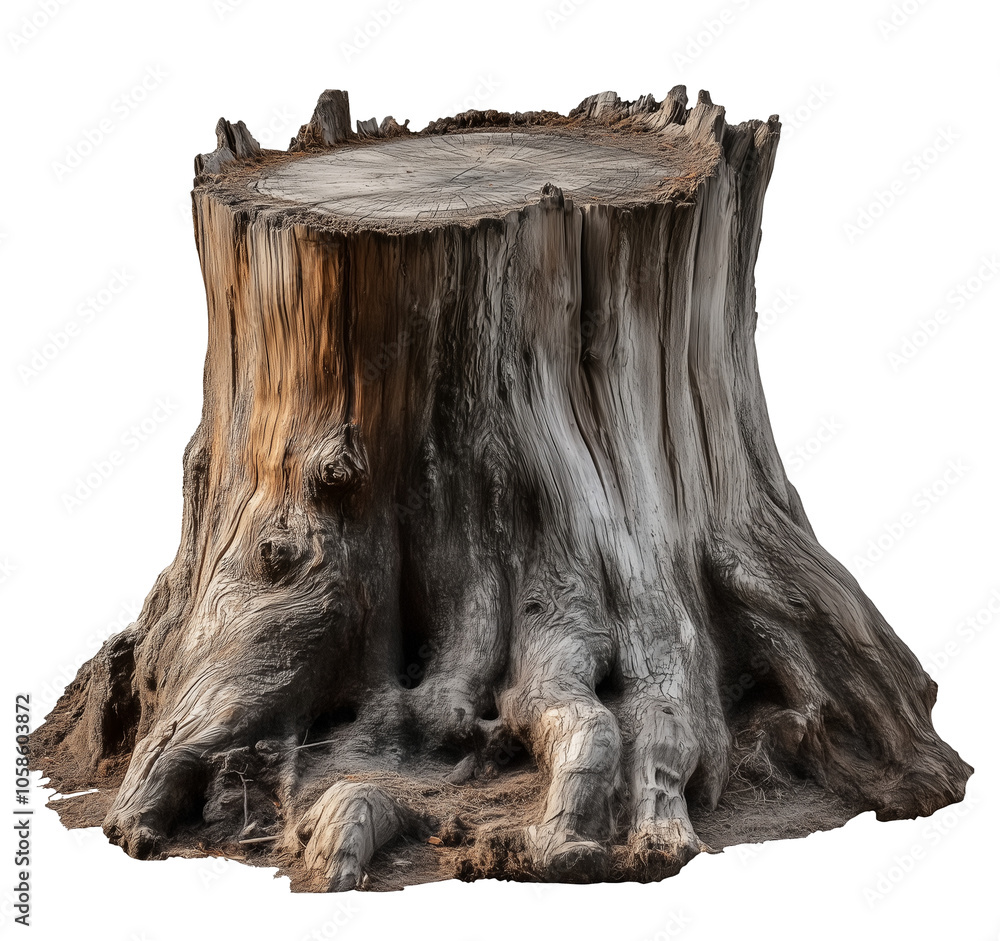Ancient tree trunk. Dead tree isolated transparent background. Barn tree. Isolated root. Stock ...