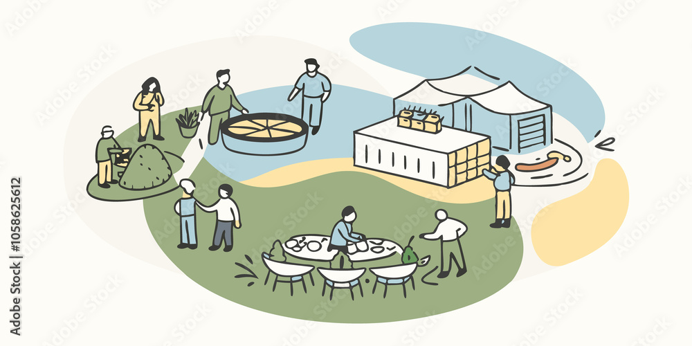 Community Food Hub A bustling community food hub with people exchanging ...