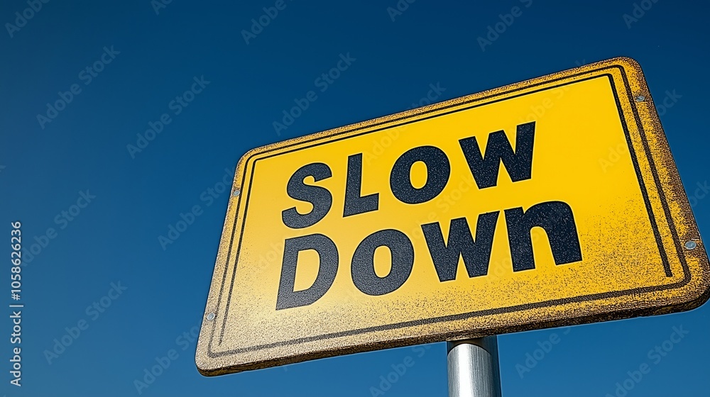 Big yellow sign with word "Slow down" on road. Hazard warning sign ...