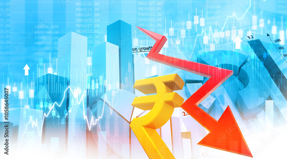 Ilustración de Stock Indian rupee symbol with down arrow on stock ...