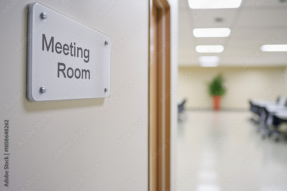 Meeting room sign on wall with blurred view of office interior and ...