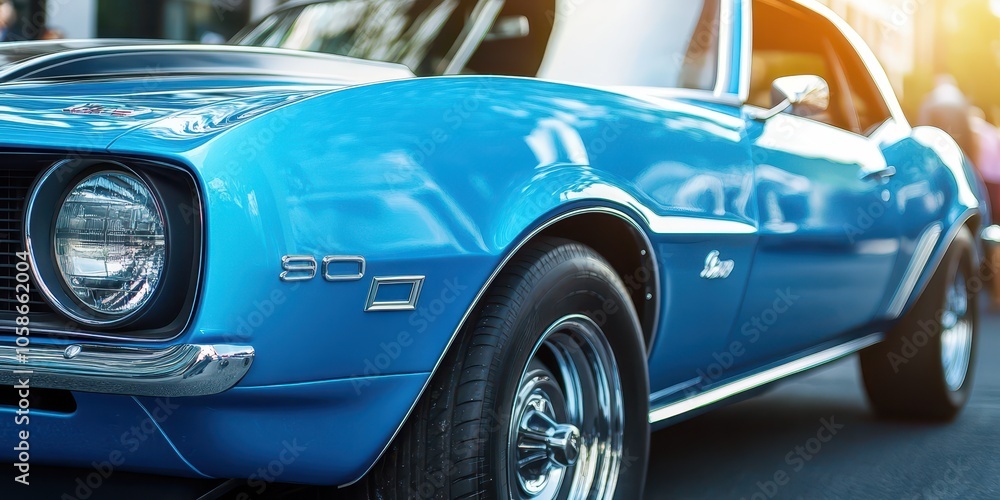 Vintage blue muscle car with chrome details at a classic car show ...