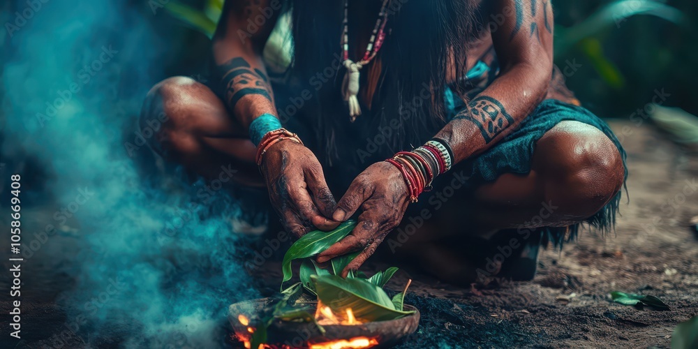 Shaman in the Amazon rainforest gathering ayahuasca leaves, symbolizing ...