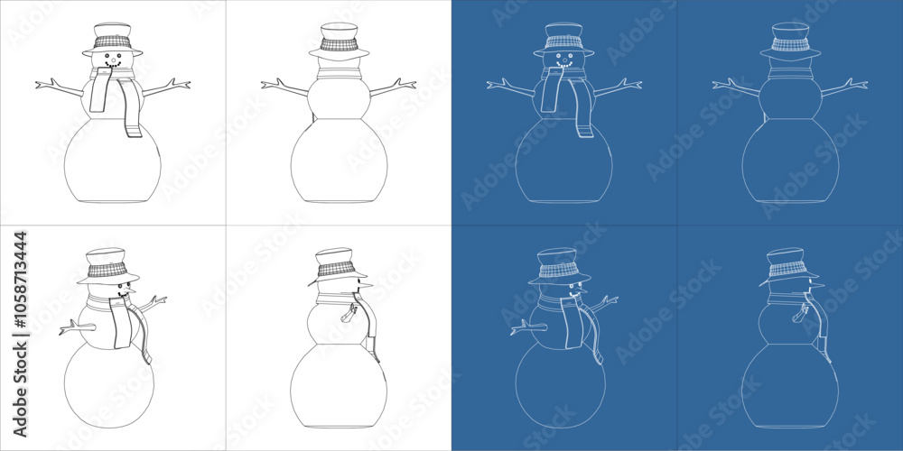 snowman Christmas character vector outline blueprint technical line ...