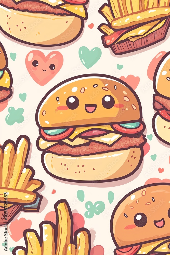 Cheerful cartoon burger and fries, playful fast food characters, pastel ...