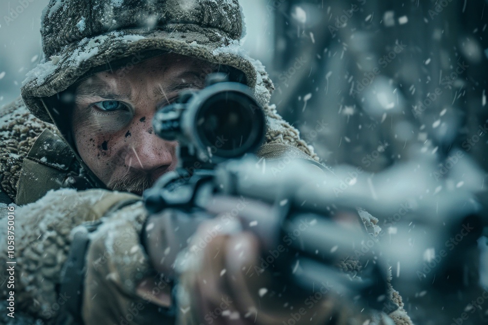 Winter arctic mountains warfare. Action in cold conditions. Sniper and ...