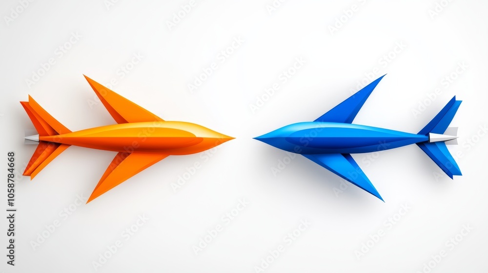 Two paper airplanes, one orange and one blue, are flying towards each other. The orange plane is ...