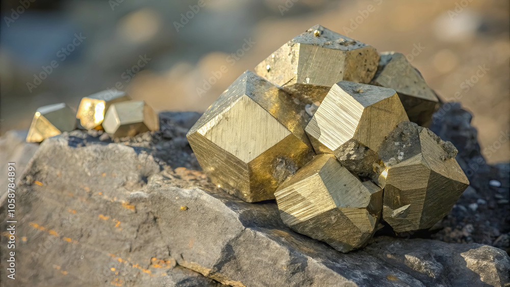 A cluster of pyrites in a geological formation, showcasing their ...