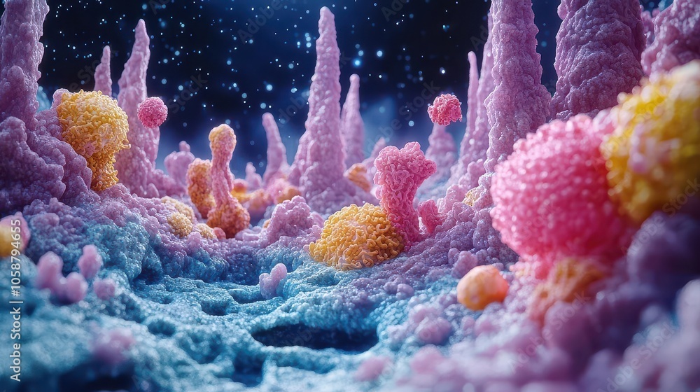 interactive virtual reality scene depicting the life cycle of enzymes, colorful and vibrant ...