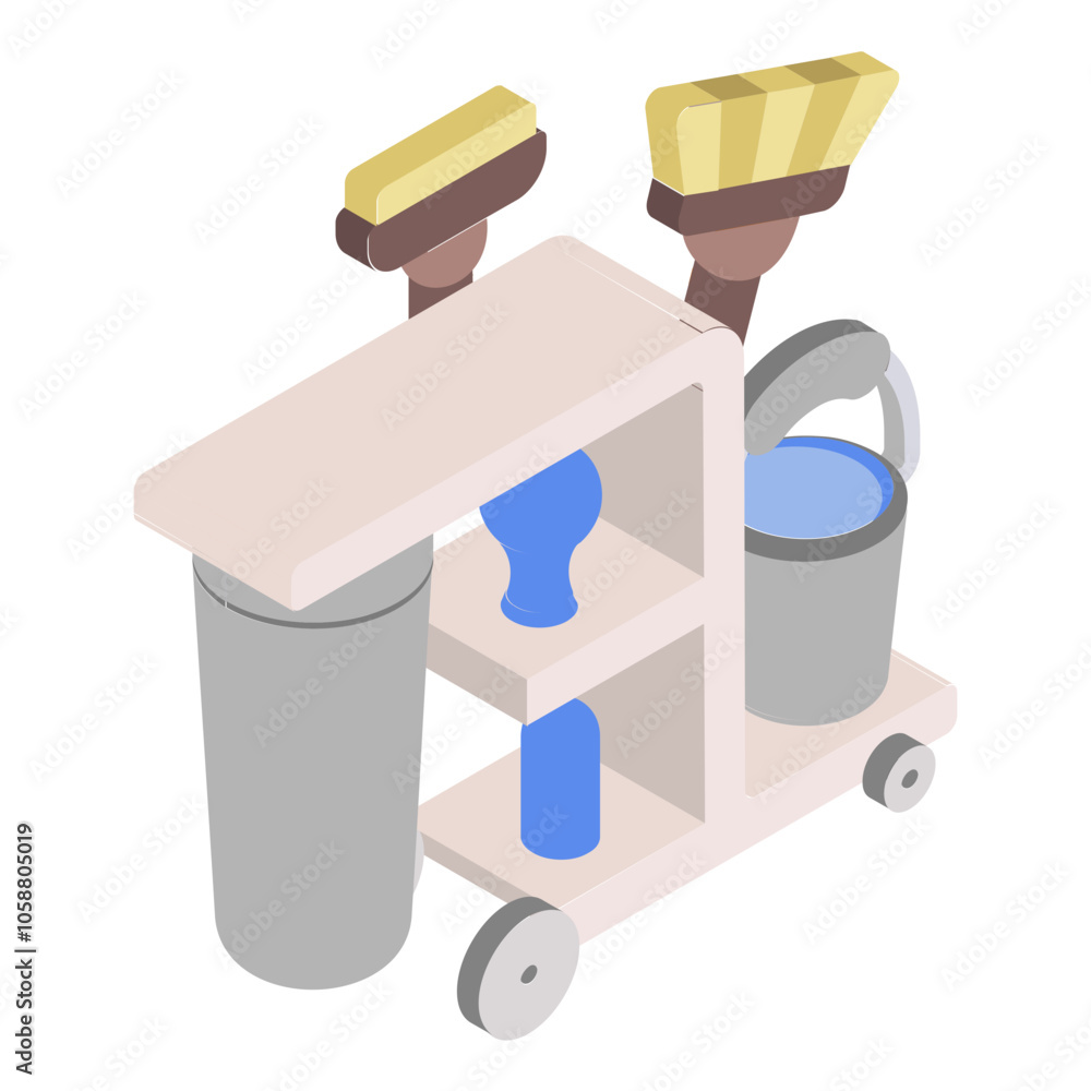 large metal basket on wheels carrying different types of Cleaning ...