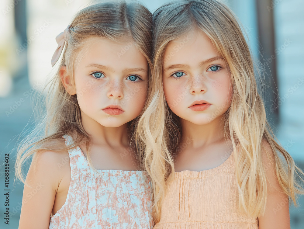 Two young girls with serious expressions stand close together ...