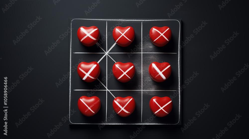 lovers day concept. tic-tac-toe game where instead of zeroes are red ...