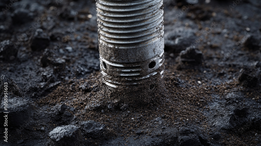 detailed screw pile structure, metal screw threads highlighted with ...