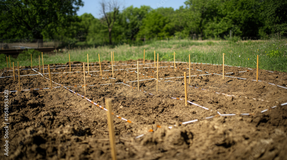 foundation layout marked with stakes and strings, neatly positioned ...