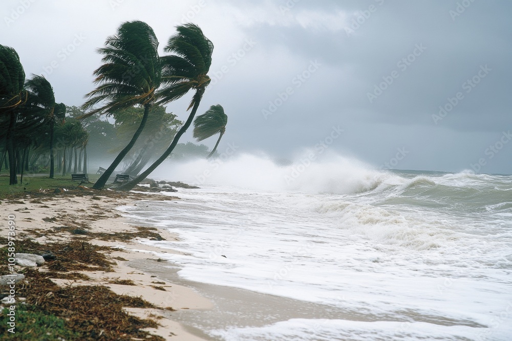 Strong winds and turbulent waves create a dramatic coastal scene where ...