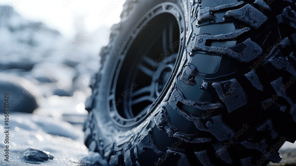 Ice tire in a close-up, showing deep treads designed to provide maximum ...
