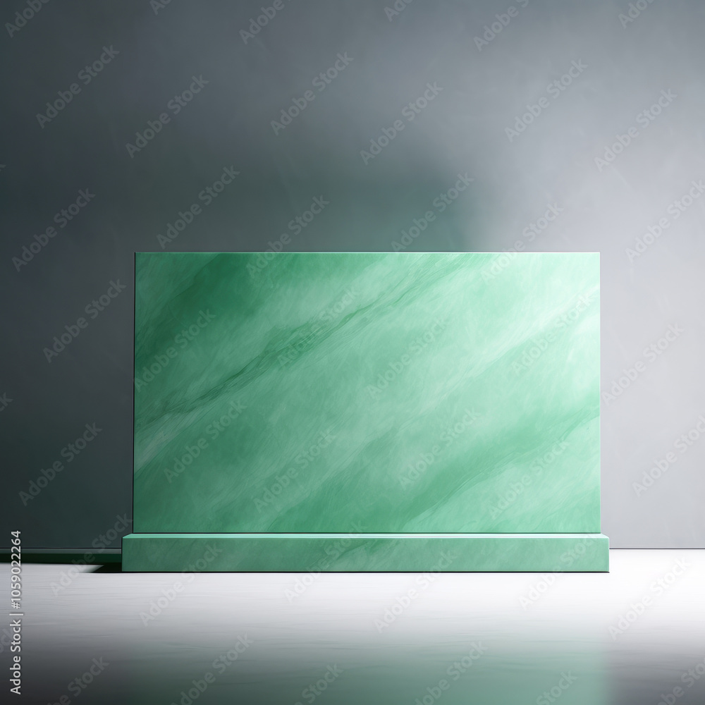 A minimalist depiction of a green marble block set on a smooth surface ...