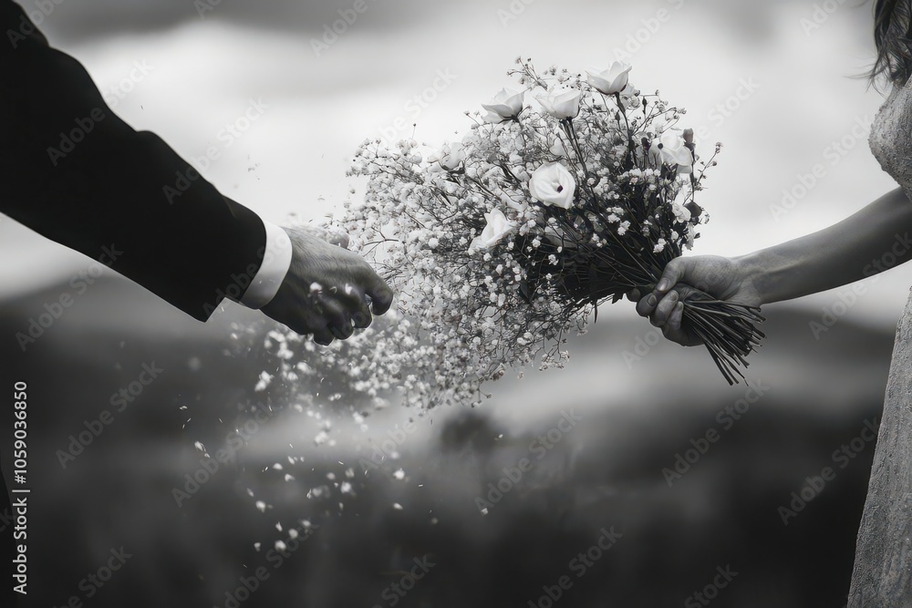 Hands releasing a shared bouquet, the flowers scattering to the wind as ...