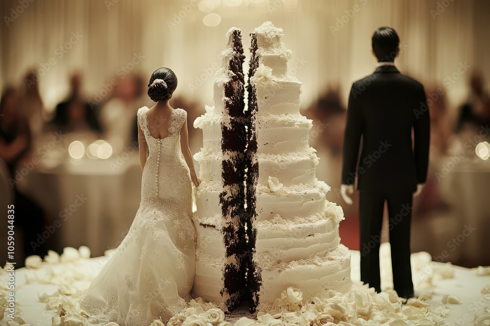 A wedding cake split down the middle, with the toppers of the bride and ...