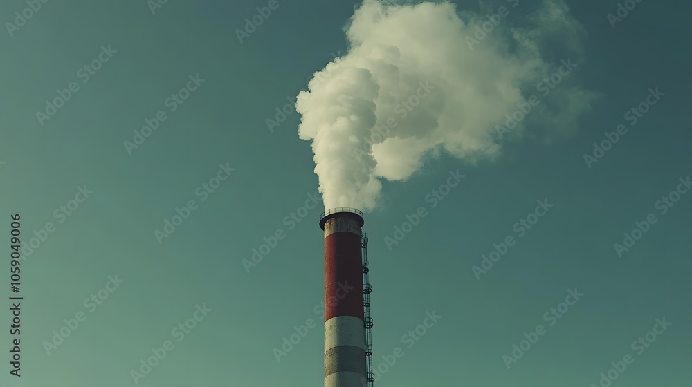 Industrial chimney releasing white smoke against pale sky, factory ...